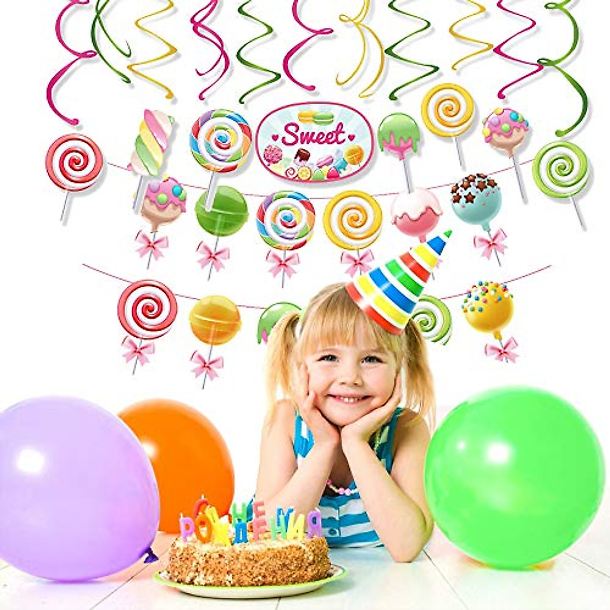 Candy Party Decorations-Candy Cutouts Lollipop Hanging Swirls & Banner, CandyLand Party Decor for Girls Kids Birthday Baby Shower 1st 3st Birthday Home Classroom Event Sweet Shop Party Supplies