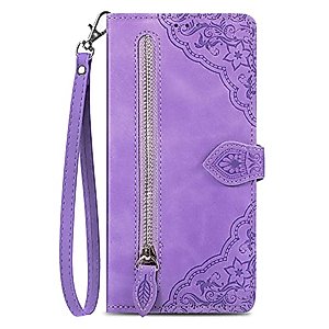 HUANGTAOLI Case for Oppo A53, Zipper Wallet Pocket Magnet Closure Kickstand Handbag Phone Case for Oppo A53 Purple