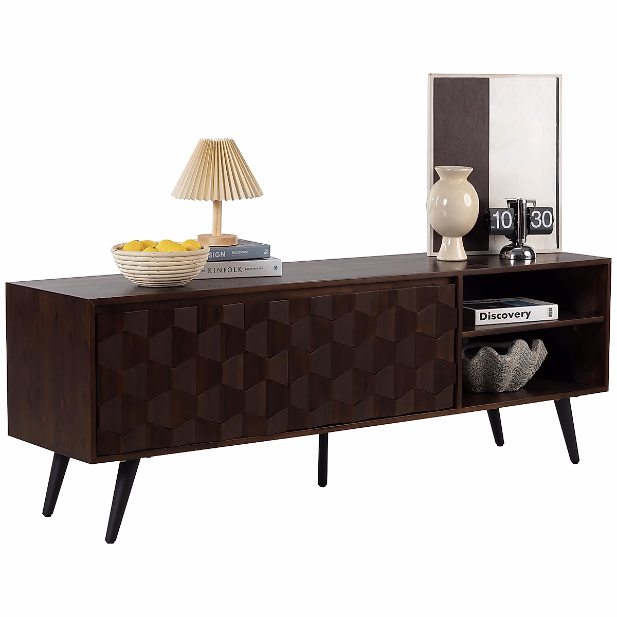 Bme Georgina 65 Inch Solid Wood TV Stand, Under 10 Minutes Assembly Entertainment Center with Storage, Geometric Pattern TV Console for Living Room, Bedroom, Dinning Room - Walnut