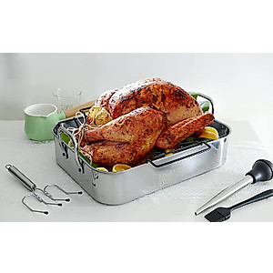 Kaiihome Roasting Pan with Nonstick Rack - 16 inch Stainless Steel Rectangular Turkey Pan with Non-stick U-Shaped Rack, Turkey Roaster Pan for Thanksgiving Party