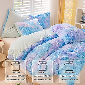 ZRNBAST Shaggy Faux Fur Duvet Cover Set Blue Purple Twin Size Bedding Sets for Girls Kids 3 Pcs Soft Fluffy Tie Dye Ombre Duvet Covers with Zipper Closure(Blue,Twin)