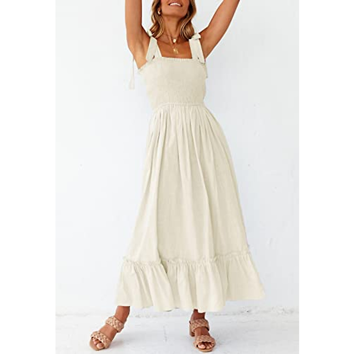 ZESICA Women's 2023 Summer Boho Spaghetti Strap Square Neck Solid Color Ruffle A Line Beach Long Maxi Dress,Apricot,Small