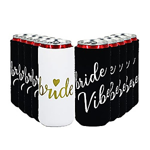 LADY&HOME Bachelorette Slim Can Coolers for Bridesmaid, Set of 10 Bride and Team Bride Can Cooler for Bachelorette Party Favors and Decorations for Wedding(Black vibe)