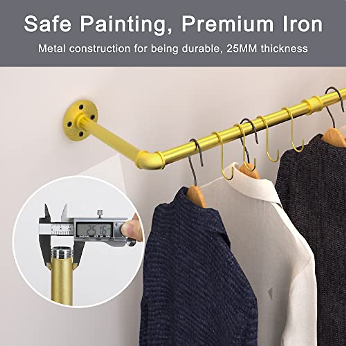 MOUTIK Industrial Pipe Clothes Hanging Rack: Wall Mounted Iron Clothing Storage Hanger Rod - Heavy Duty Multi-Purpose Metal Garment Bar for Closet Laundry Room Gold