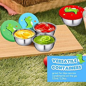 MAIGOZON Kids Salad Dressing Containers To Go, 1.7 oz Small Condiment Containers with Dinosaurs Leakproof Silicone Lids, Reusable Stainless Steel Sauce Dip Cup for Kids Boys Lunch Bento Box, 4PCS
