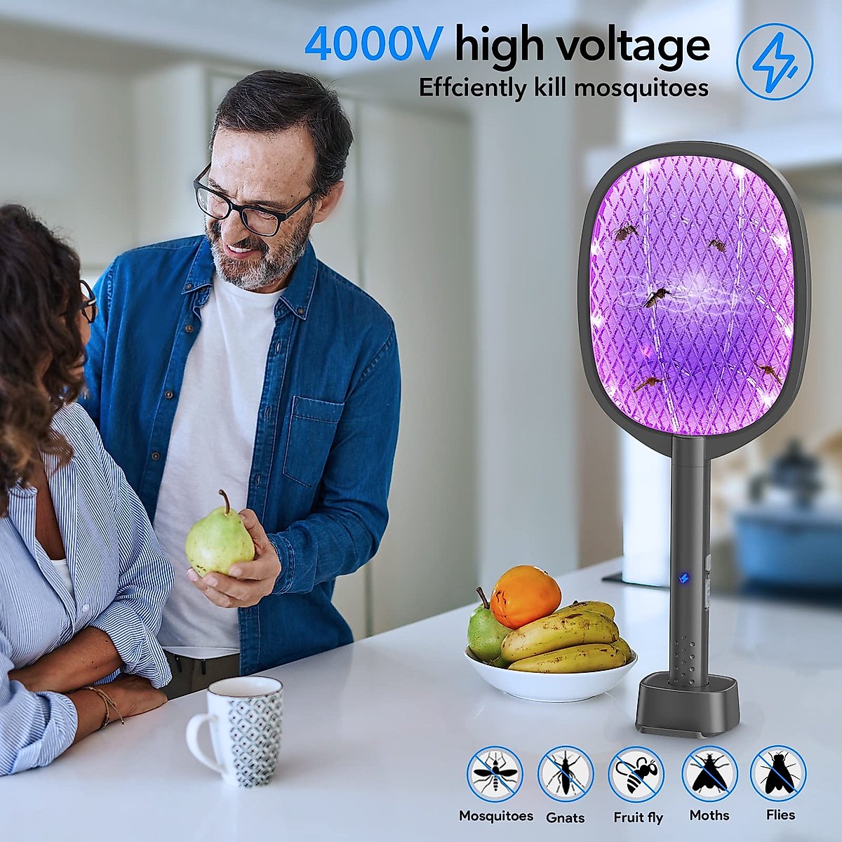 2 Pack Electric Fly Swatter 2 in 1 Bug Zapper Racket & Mosquito Zapper,4000V with USB Charging Base，Powerful Mosquito Swatter with 3 Layers of Safety Net Suitable for Indoor and Outdoor…