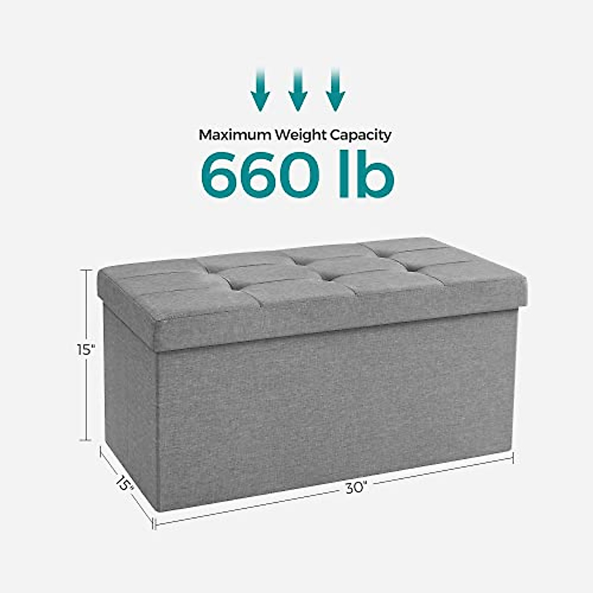 SONGMICS 30 Inches Folding Storage Ottoman Bench, Storage Chest, Foot Rest Stool, Light Gray ULSF47G, 15 x 30 x 15 Inches