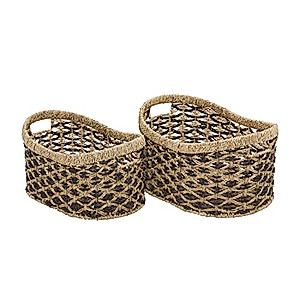 Deco 79 Seagrass Handmade Two Toned Storage Basket with Handles, Set of 2 10", 9"H, Brown