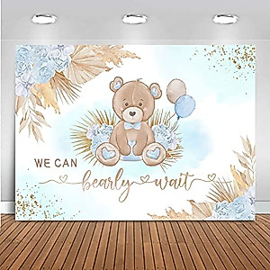 Mocsicka We Can Bearly Wait Backdrop for Boys Boho Chic Blue Flowers Balloons Photography Background Vinyl Boy Lovely Bear Baby Shower Cake Table Decoration Banner (Blue, 7x5ft)