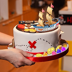 32 Pcs Pirate Ship Cake Topper Nautical Sailboat Model Decoration Set Gold Coins and Pirate Gems Kids Telescope Pirate Treasure Chest Compass Mini Palm Tree for Kids Pirate Birthday Party Supplies