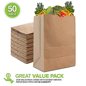 Stock Your Home 57 Lb Kraft Paper Bag (50 Count) Heavy Duty, Large Brown Paper Grocery Bags for Food Shopping, Recycling, Trash, Bulk Pack Size