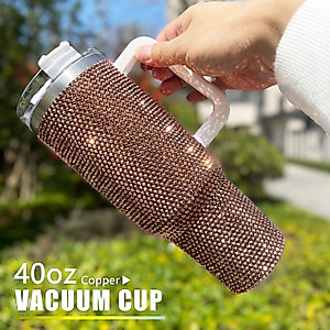 Cupcupmore 40oz Copper Bling Rhinestone Stainless Steel Sippy Tumbler Glitter Vacuum Insulated Water Bottle with Straw & Lid &Handle,Thermos for Hot & Cold Drinks,Car Cup Holder,Coffee