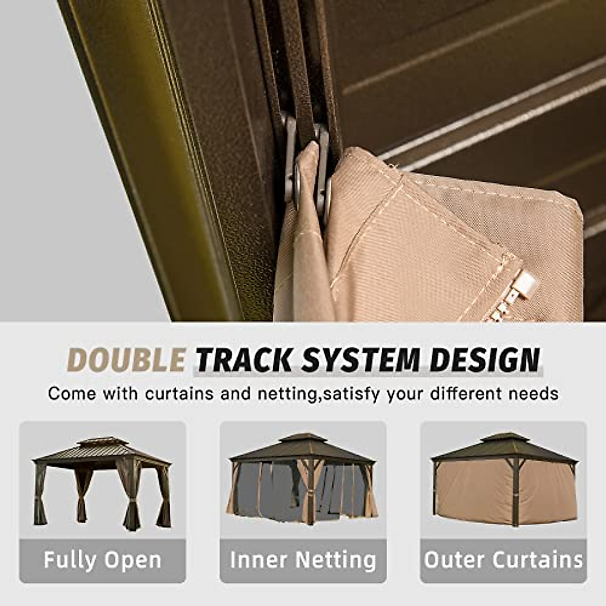 Domi Outdoor Living 10’ X 12’ Hardtop Gazebo, Outdoor Aluminum Frame Canopy with Galvanized Steel Double Roof, Outdoor Permanent Metal Pavilion with Curtains and Netting for Patio, Backyard and Lawn