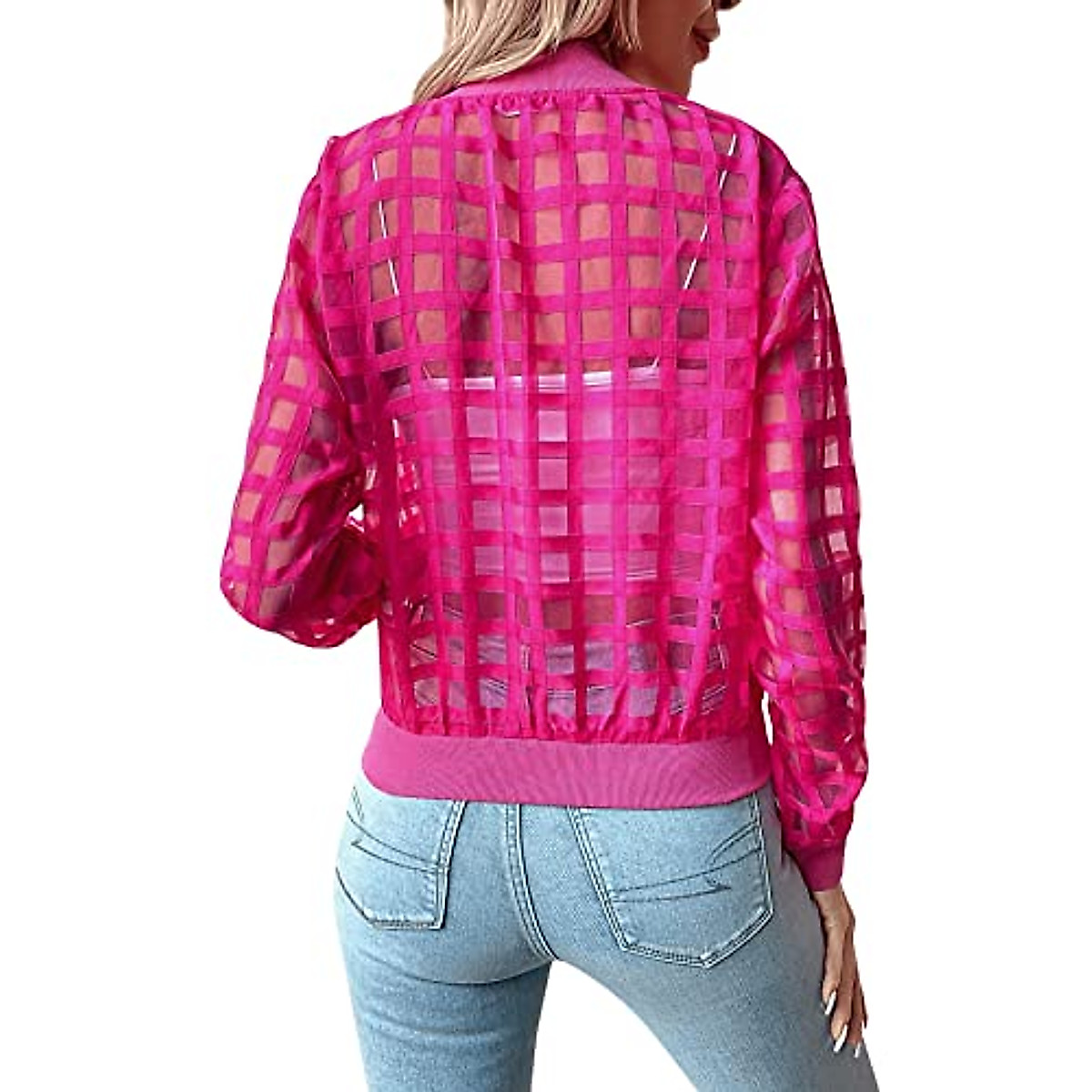 Floerns Women's Hollow Out Long Sleeve Baseball Collar Zip Up Bomber Jacket Hot Pink S