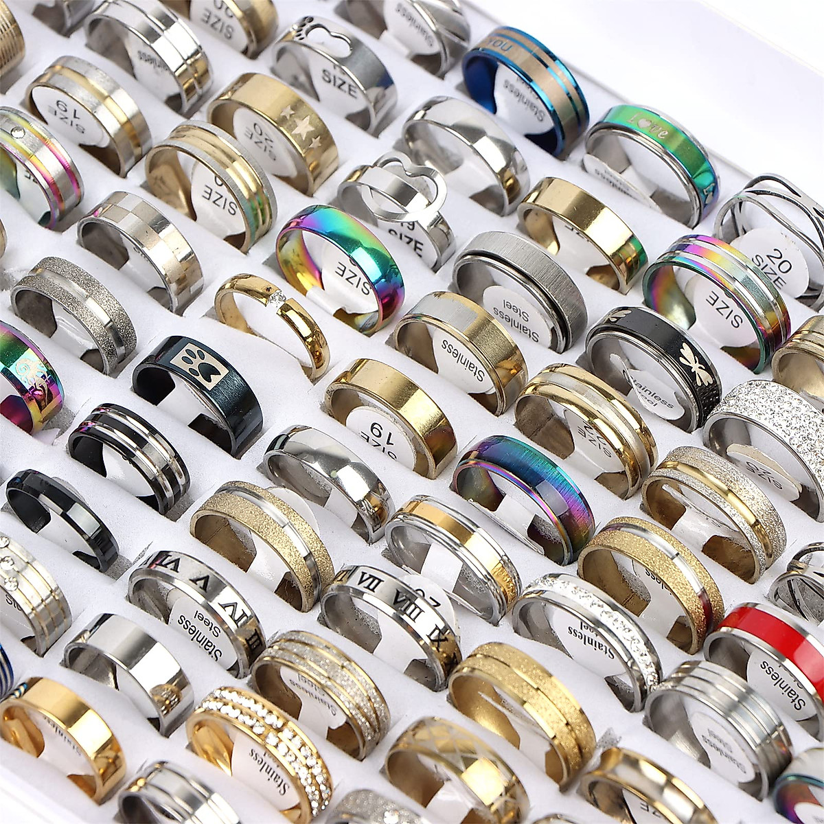 juanmaojuan 50Pcs/Lot Fashion Stainless Steel Heart Rhinestone Band Rings For Women Men Mix Style Party Jewelry Wholesale (Mix Size 7-12)