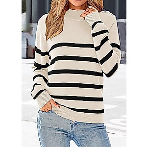 KIRUNDO Women's 2023 Fall Winter Long Sleeve Knit Sweater Turtleneck Striped Loose Pullover Tops Deco with Metal Buttons(White, Small)