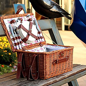 Picnic Basket for 4 Persons Wicker Picnic Set with Insulated Liner for Camping, Wedding, Birthday, Anniversary Day