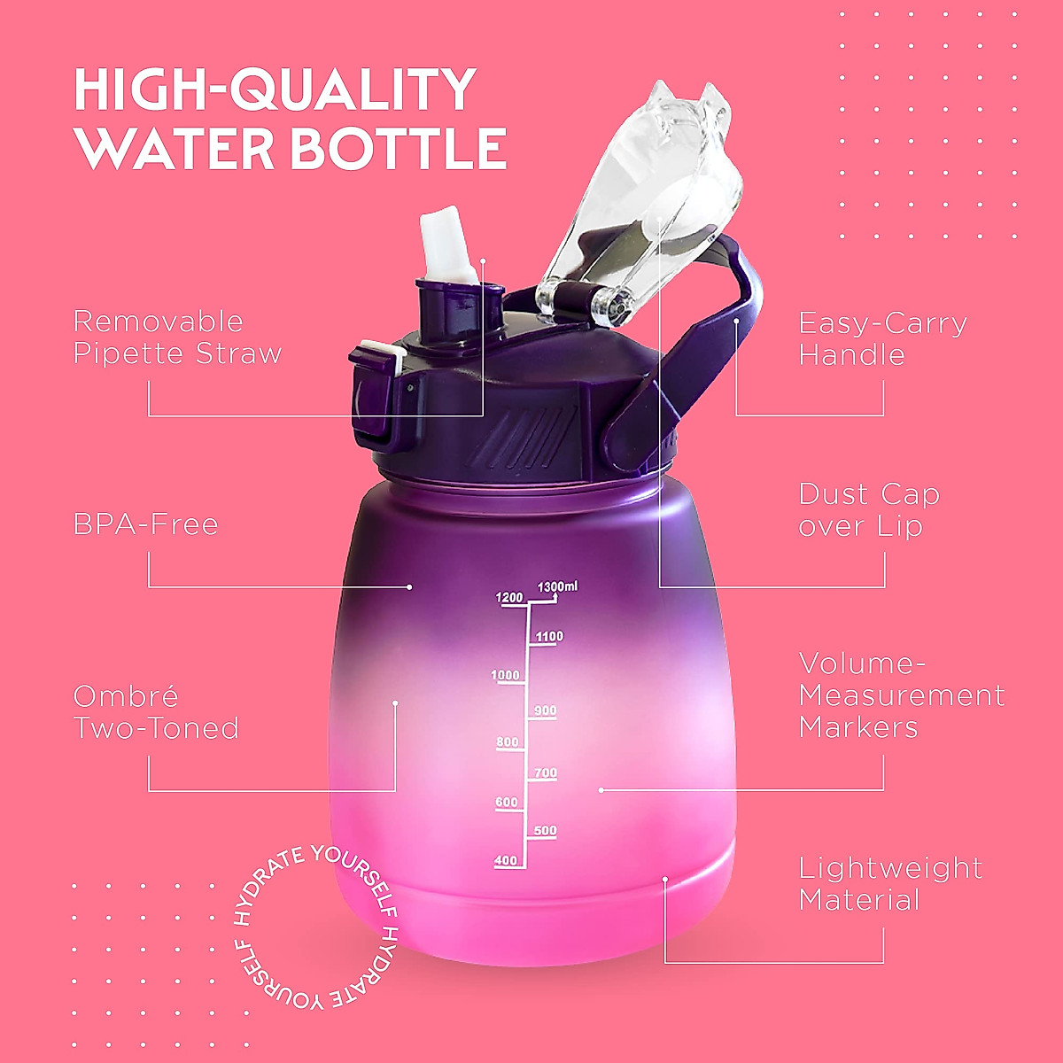 Mayim 32 oz. The Lantern Short Motivational Water Bottle with Removable Straw & Handle, BPA Free Leakproof Fitness Sports Water Jug with Time Marker Reminder, Ombre Two-Tone (Purple to Pink)