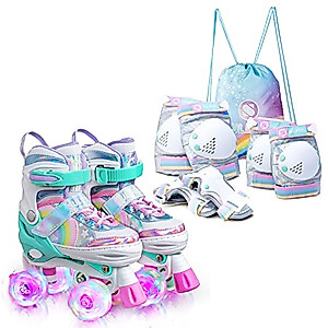 SULIFEEL Rainbow Unicorn Roller Skates for Kids with Adjustable Protective Gear Set Shiny Small