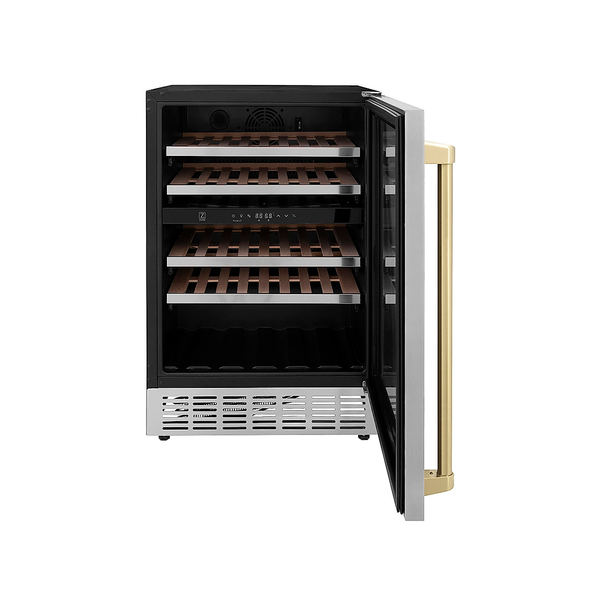 ZLINE 24" Autograph Edition Dual Zone 44-Bottle Wine Cooler in Stainless Steel with Wood Shelf and Champagne Bronze Accents (RWV-UD-24-CB)