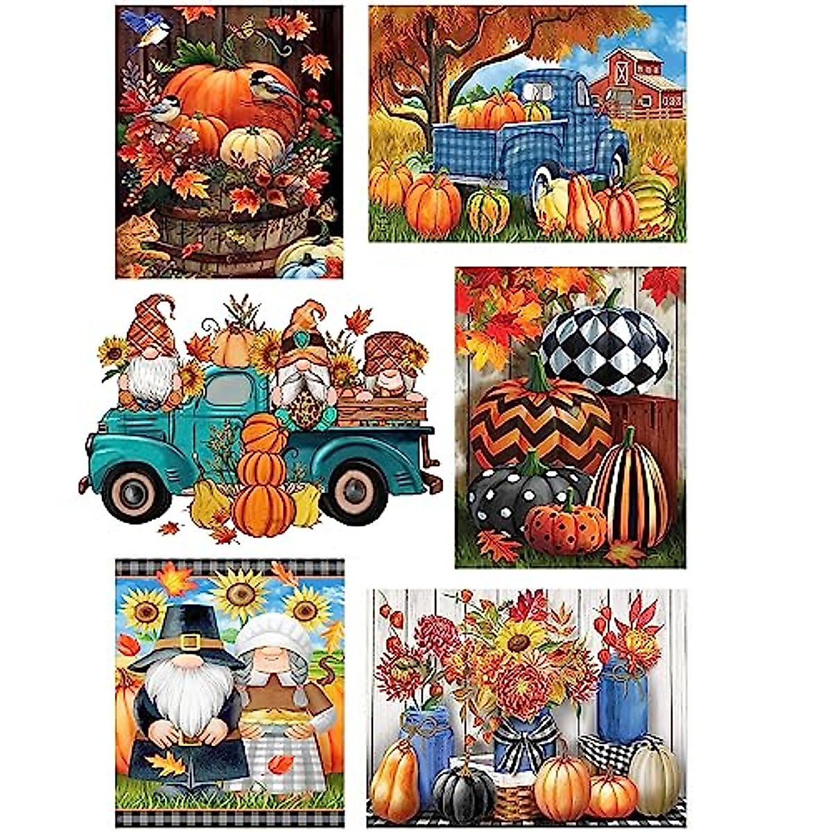 Thanksgiving Fall Diamond Painting Kits for Adults - 6 Pack Fall Pumpkin Truck Gnome Diamond Art Kits 5D Paintings with Diamond Dots Full Drill Round Gem Art,for DIY Gift and Home Decor12x16inch