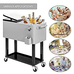 Nattork 80 Quart Rolling Cooler Cart,Portable Wicker Cooler Trolley for Outdoor Patio Deck Party,Beverage Bar Stand Up Cooler with Wheels, Ice Chest with Shelf, Water Pipe and Bottle Opener