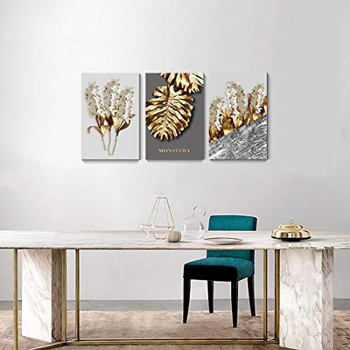 QTESPEII Large Modern Canvas Wall Art Hyacinth Painting White Flower Gold Leaf Canvas Prints for Living Room Bedroom Office Wall Decor Framed Home Office Walls Decorations, 16"x24" 3 Pieces