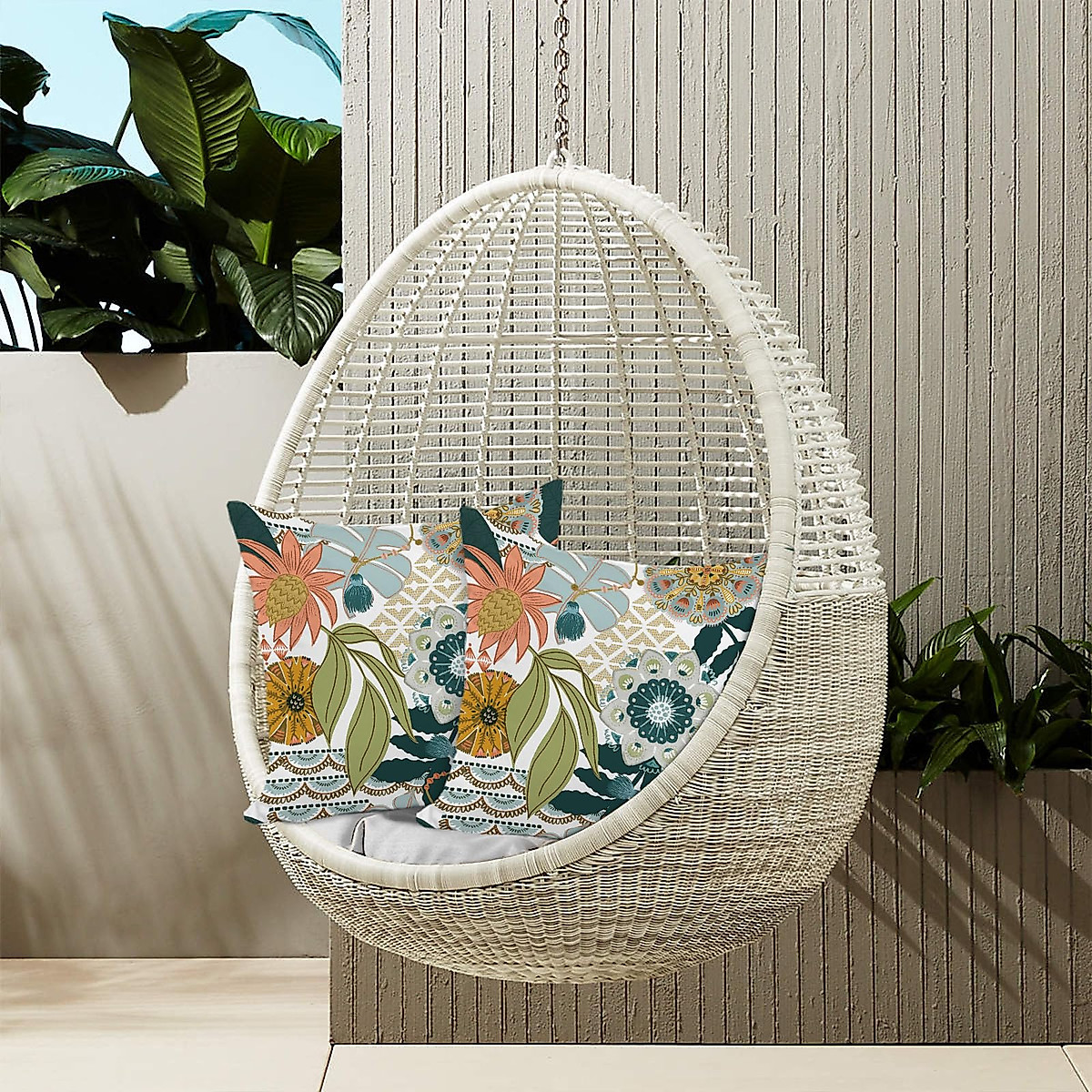 Jartinle Boho Flowers Leaves Outdoor Pillow Covers 16x16 Inch Set of 2 Waterproof Decorative Floral Square Outdoor Pillows for Patio Furniture Couch Bench Chair