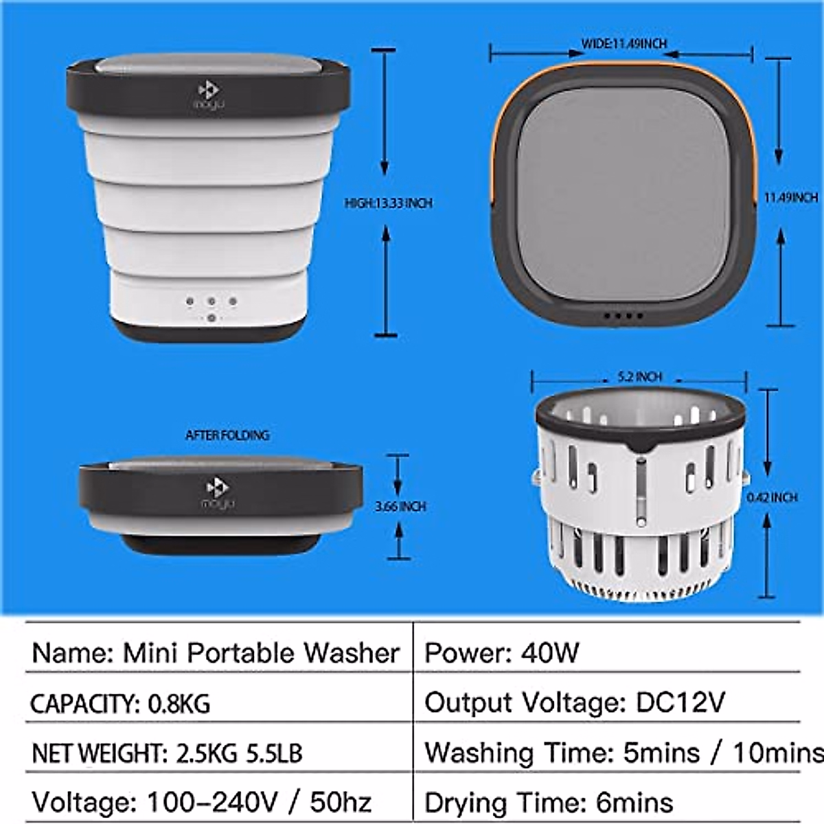 MOYU Mini Portable Bucket Washer Foldable Washing Machine with Spin Dry and Drainage Pipe (White US Plug 110 v)