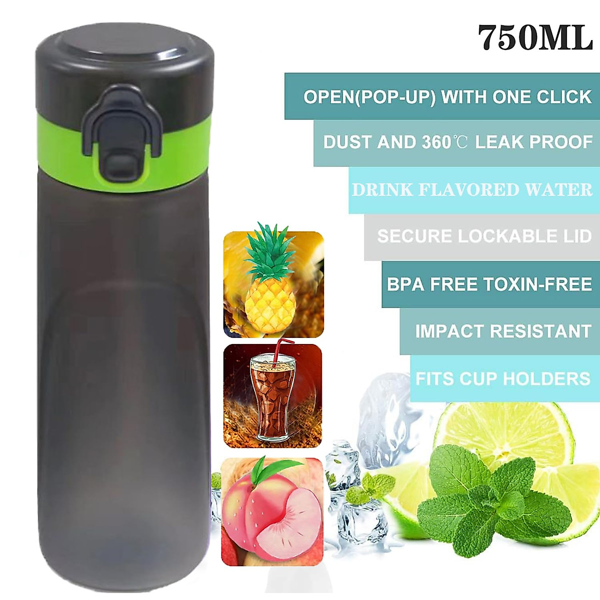 GIYZOKNI Water Bottle Starter Set, Water Bottle with Pods, 750ML Fruit Fragrance Water Bottle with 3 pcs Pods, 0% Sugar Water Cup BPA Free, Suitable for Gyms, Outdoor Sport, Schools (Black)