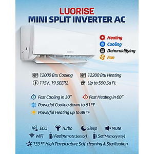 LUORISE 12000 BTU WiFi Mini Split AC/Heating System, Ductless Air Conditioner, 19 SEER2 Energy Efficient Inverter AC, Cools Up to 550 Sq.Ft, Pre-Charged Heat Pump & 16.4ft Installation Kits, 115V