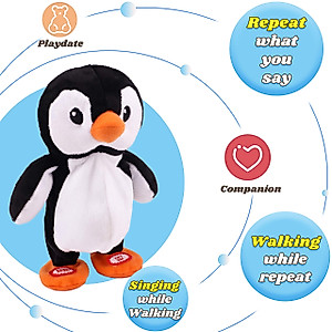 Hopearl Talking Singing Penguin Repeats What You Say Walking Electric Interactive Animated Toy Speaking Plush Buddy Gifts for Toddlers, 7.5''