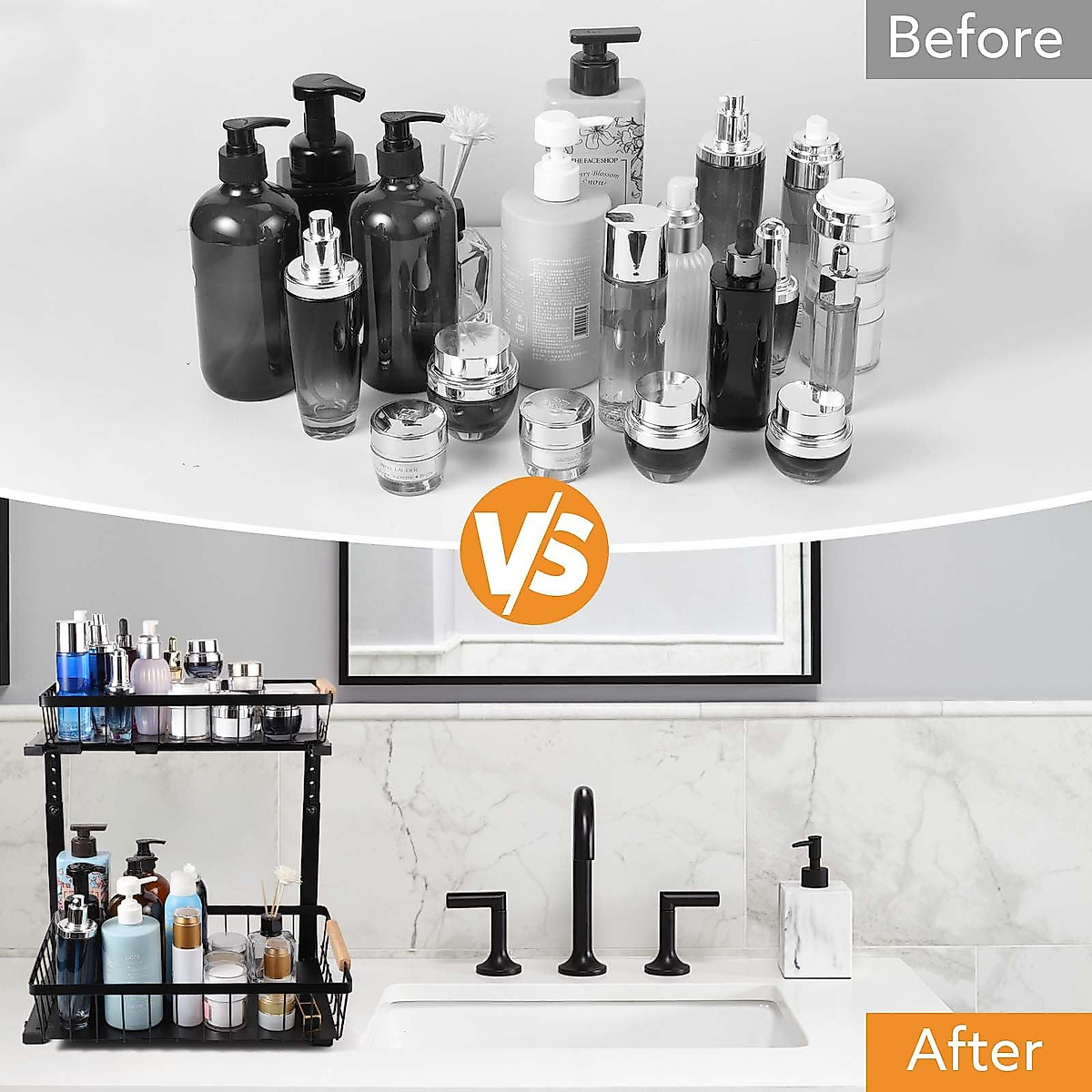 Under Sink Organizers and Storage 2 Pack, 2 Tier Height Adjustable Bathroom Organizers and Storage Sliding Under Kitchen Sink Organizer Pull Out Cabinet Organizer for Kitchen Bathroom Cabinet