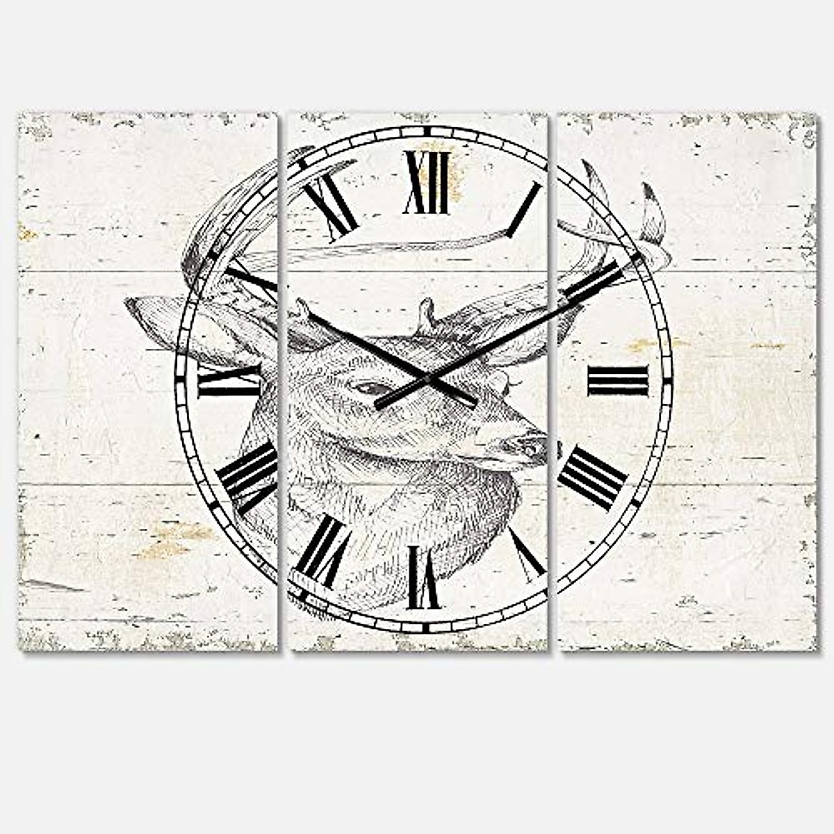 MISC Deer Wild and Beautiful Ii' Cottage 3 Panels Oversized Wall Clock - 36 in. Wide X 28 High Panels Grey Aluminum Steel Finish Battery Included