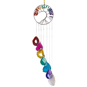 rockcloud 7 Chakra Tree of Life Wall Hanging Wind Chimes with Agate Slices Pendants Ornament Windows Hanging Ornament for Home Garden Decor, Colorful