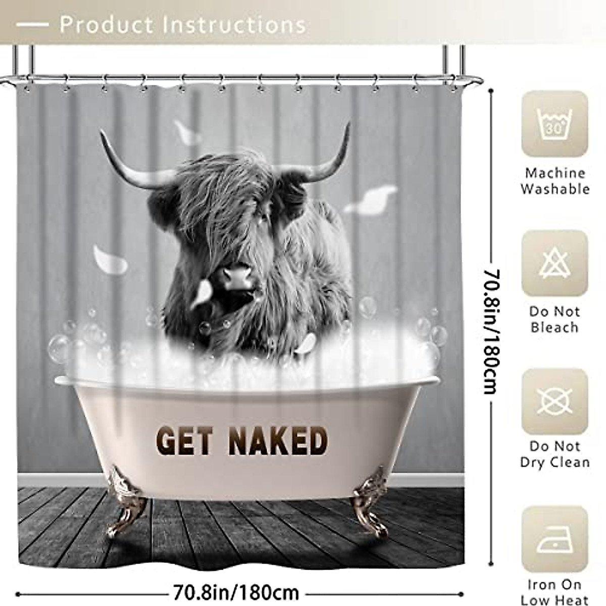 NEWSWELL 4pcs Bathroom Set Highland Cow Bull Shower Curtain 70.8 X 70.8Inch, Get Naked Grey Western Farmhouse with Blanket and Toilet Cover Bath Mat,Polyester Fabric Waterproof 12 Pack Plastic Hooks