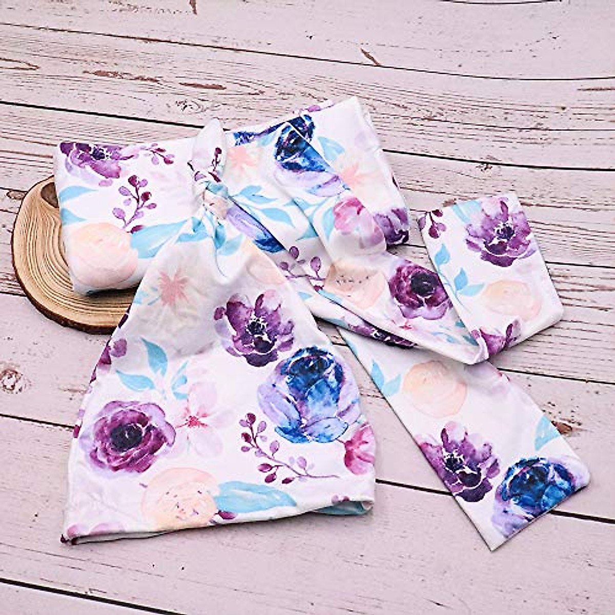 Newborn Floral Swaddle Blanket Purple Flower Rose Baby Receiving Blanket with Headband Soft and Stretchy Infant Swaddle Wrap Blanket for Baby Girl