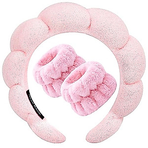 Zkptops Spa Headband for Washing Face Wristband Set Sponge Makeup Skincare Headband Wrist Towels Bubble Soft Get Ready Hairband for Women Girls Puffy Headwear Non Slip Thick Thin Hair Accessory(Pink)