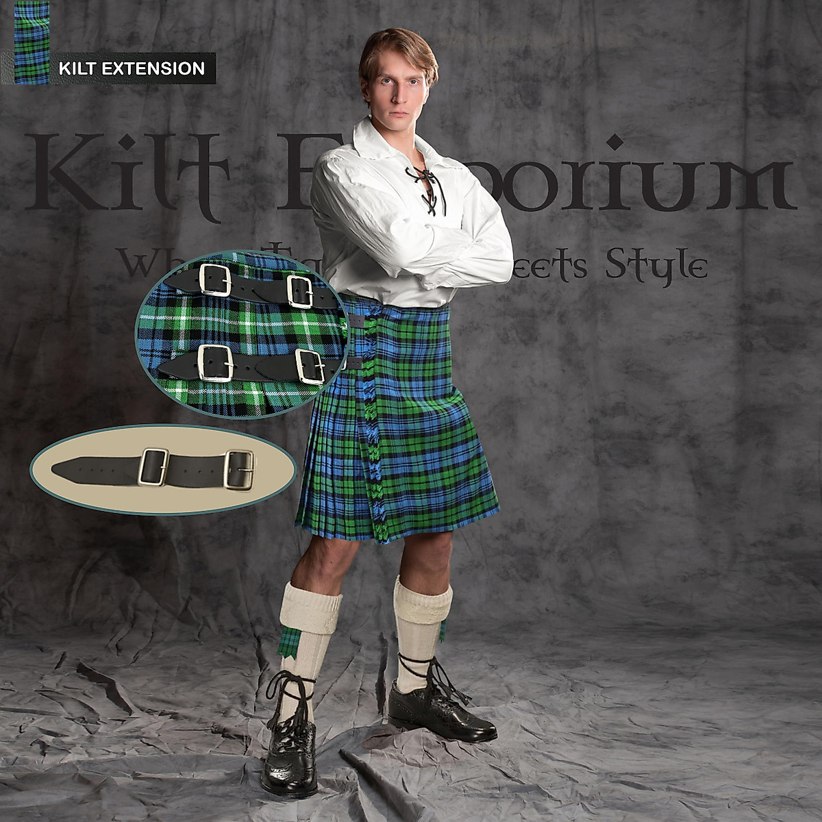 Kilt Emporium: Genuine Leather Kilt Extension Straps Buckle Extenders - 7" x 1.25" Belt Extender for Men - Customizable Fit & Heavy-Duty Metal Buckle Extender - Set of 3, Black