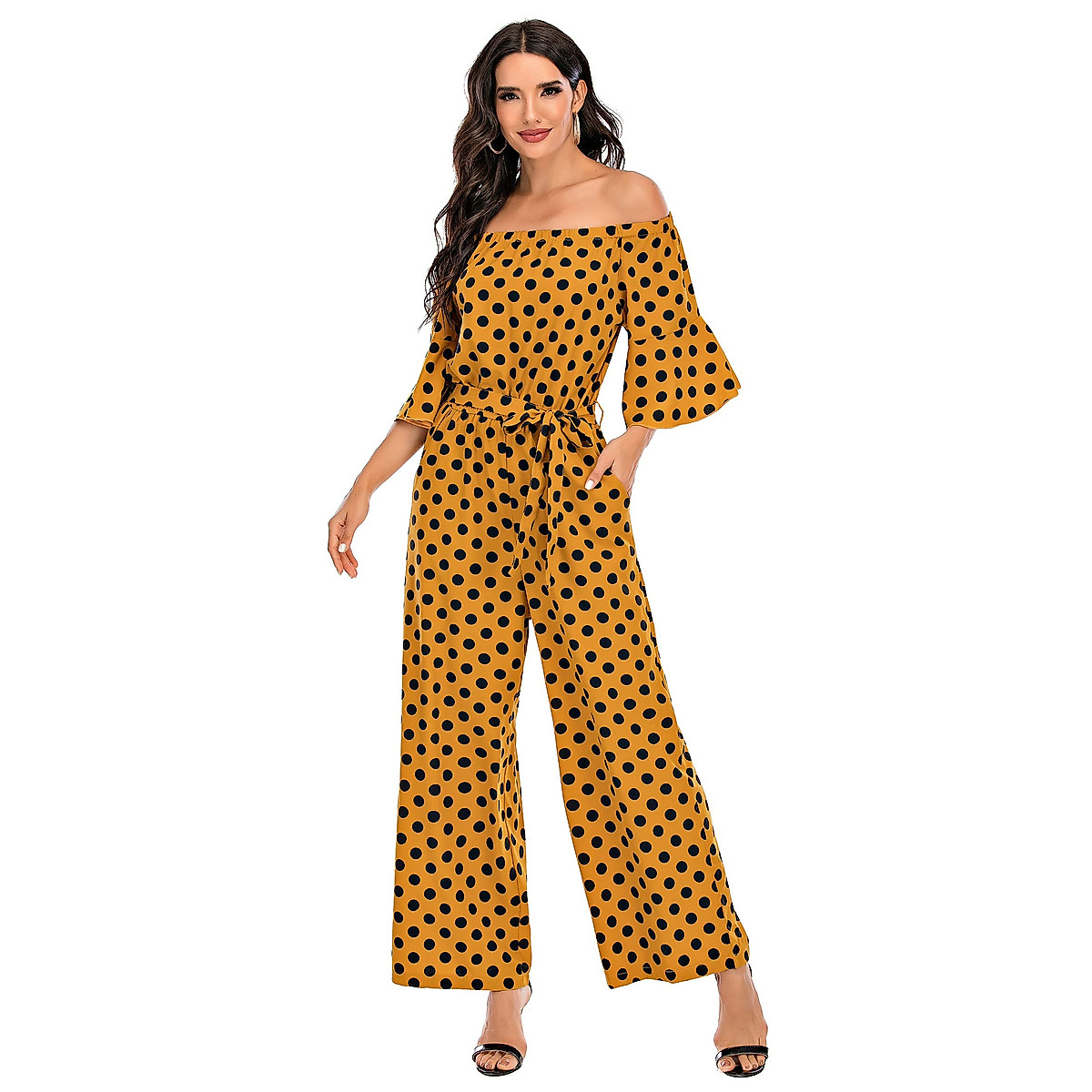 Love Welove Fashion Jumpsuits for Women, Floral Off Shoulder Ruffled Short Sleeve High Waist Wide Leg Pants Romper Dressy