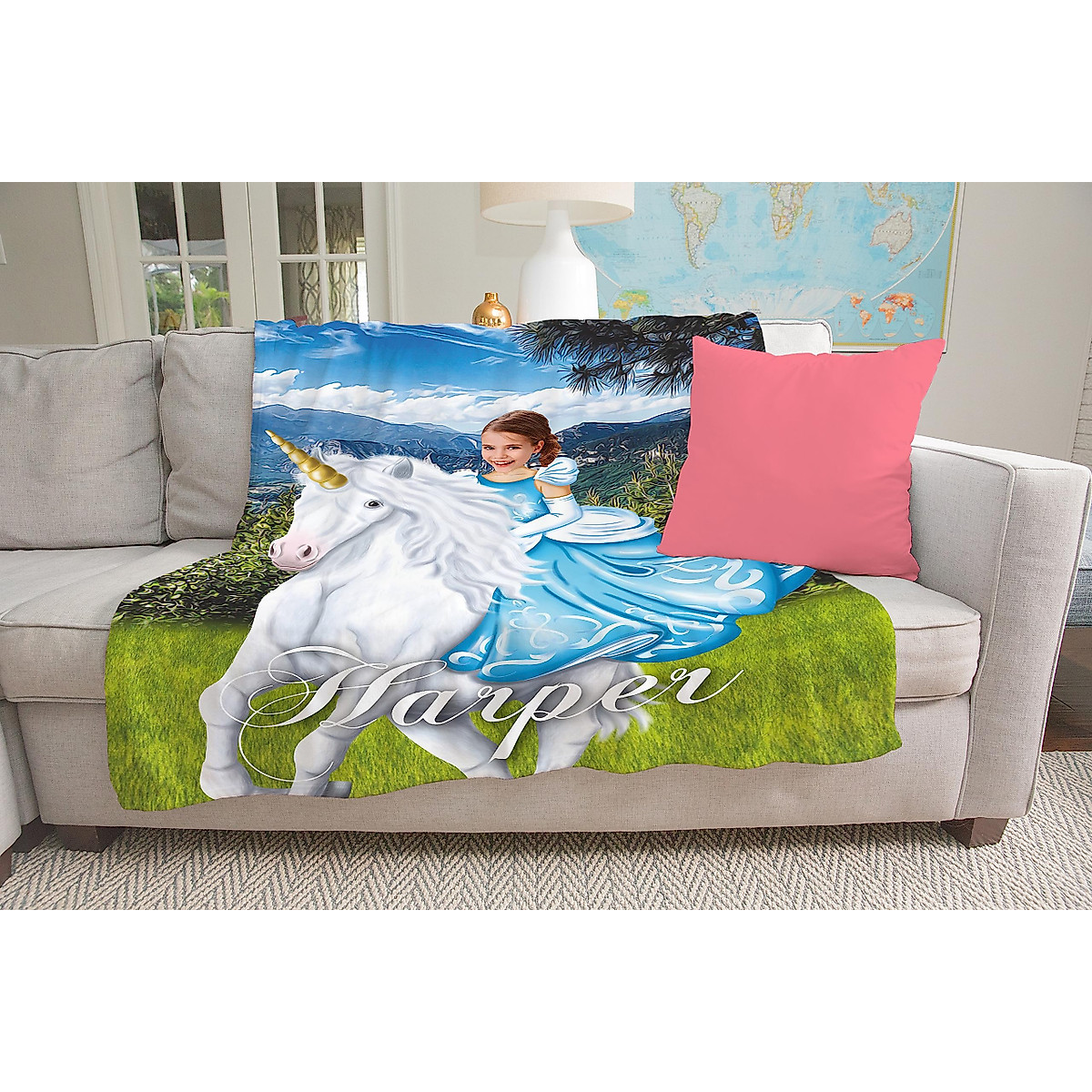 Custom Princess Blanket, Girls Personalized Photo Blanket, Add Your Face Blankets, Princess and Unicorn Custom Gift for Her, Kids Minky Throw Blanket 30x40 Custom Photo Gifts for Girls Women L78