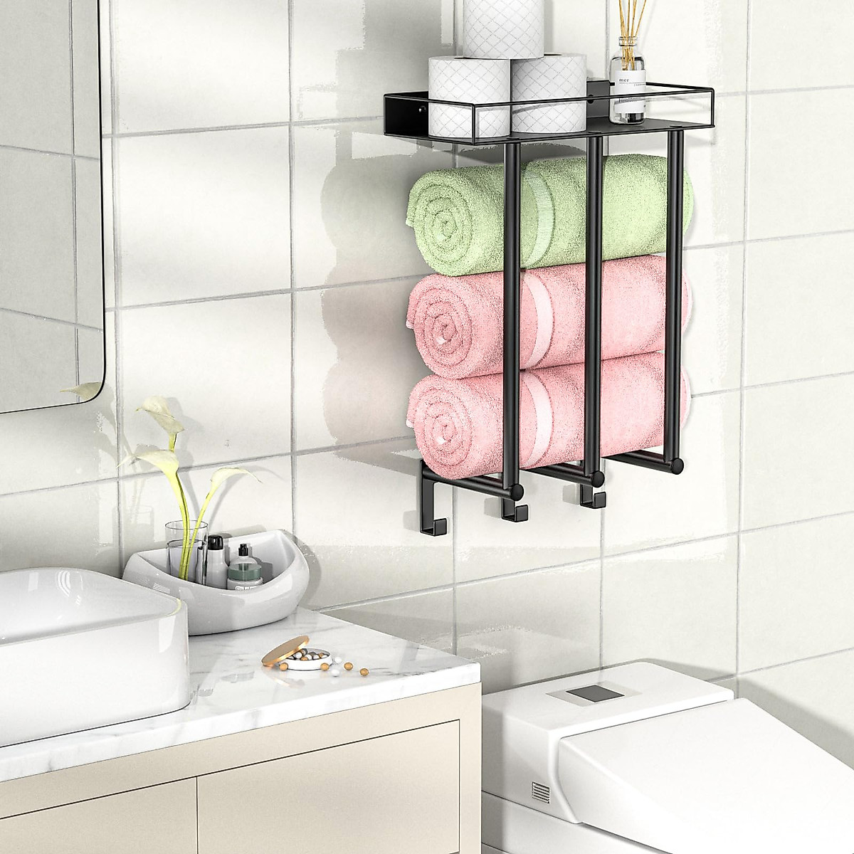 Ovicar Towel Racks for Bathroom - Wall Mounted Towel Rack with Metal Shelf & 3 Hooks, 3 Bars Wall Towel Holder for Small Bathroom, Bath Towel Storage for Rolled Towels Organizer (Black)