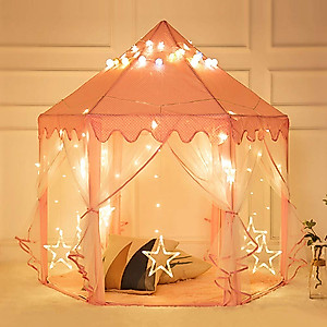 Senodeer Princess Castle Play Tent for Girls with Large Star Lights, Kids Toys Playhouse Gift Idea for Little Girls Indoor and Outdoor Games, Pink
