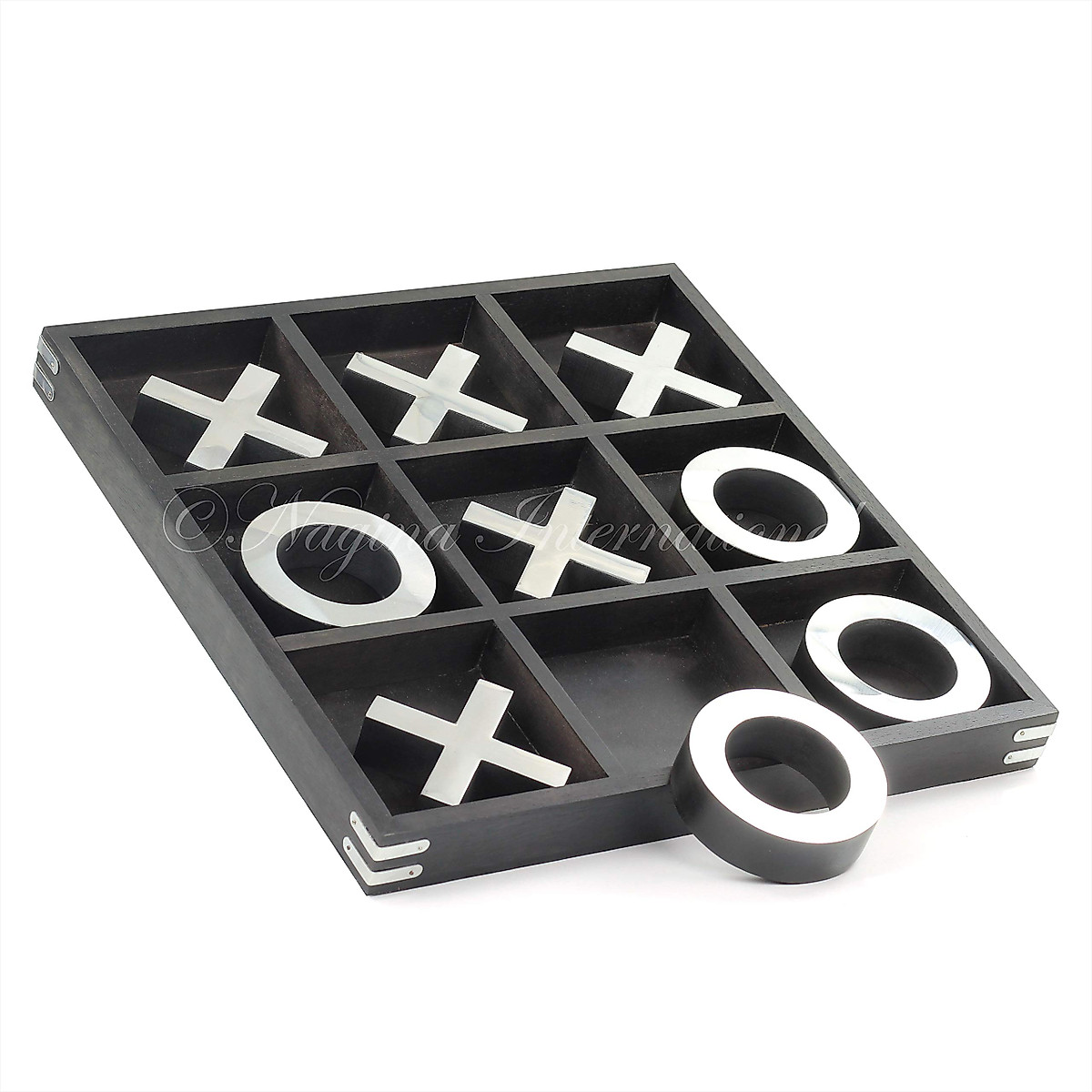 14" Large Elegant Premium Black Tic Tac Toe Board Game | Wooden Puzzle Game | Coffee Table Wooden Decor & Games with Nickel Sheathed Pieces