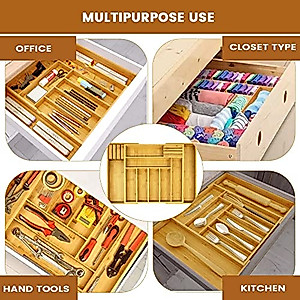 OKOMARSS Bamboo Expandable Drawer Organizer-Silverware Organizer & Kitchen Drawer Organizer and Utensil Organizer with Adjustable Cutlery Tray, Drawer Dividers for Kitchen Utensils (9 Slots) (Natural)