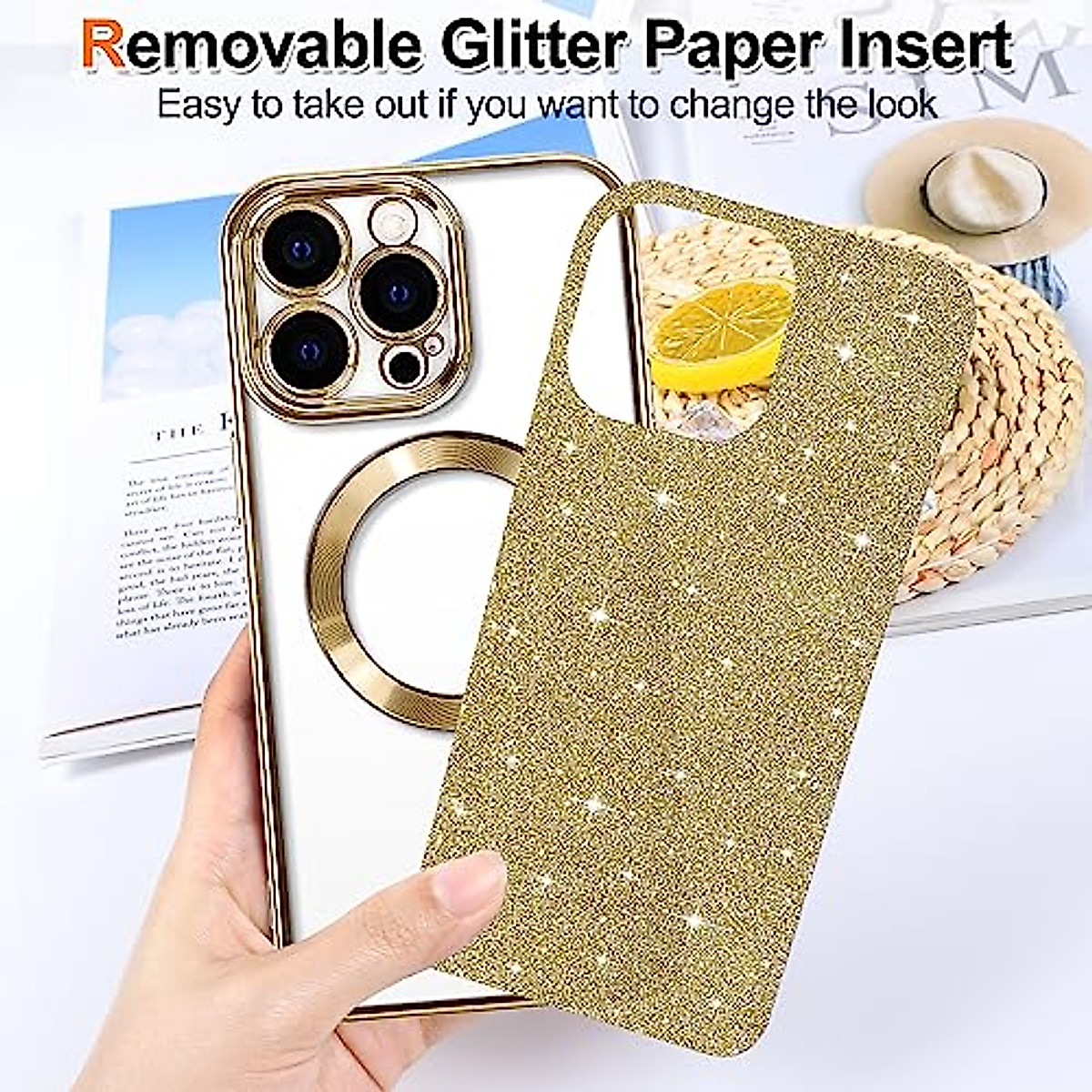 Hython for iPhone 14 Pro Case Glitter, Clear Magnetic Phone Cases with Camera Lens Protector [Compatible with MagSafe] Bling Sparkle Plating Soft TPU Shockproof Protective Cover Women Girls, Gold