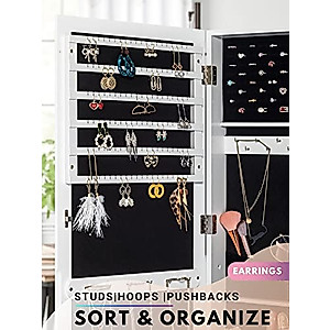 YOKUKINA Jewelry Cabinet Free Standing Large Storage Lockable Armoire, Full Length Dressing Mirror Organizer(White)