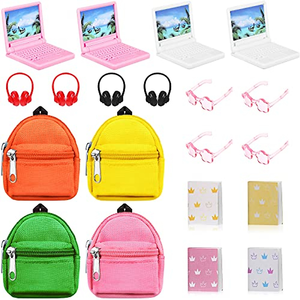 20 Pieces Doll Travel Accessories Include Mini Laptop Scene Simulation Doll Backpack Bag with Zipper Mini Headsets Toy Sunglasses Mini Book for 1/12 1/6 Scale Dolls House Decoration (Elegant Style)