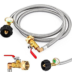 6 Feet Propane Hose with Gauge and Control Valve Propane Refill Adapter Hose Stainless Steel Braided Gas Line for 350 PSI High Pressure Camping QCC1 Type 1 LB Propane Gas Tank