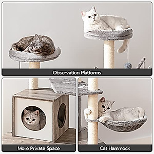 HOOBRO Cat Tree with Litter Box Enclosure, Cat Tower with Scratching Posts for Indoor Cats, All-in-One Wooden Cat House Furniture, Cat Condo with Hammock, Detachable Teaser Sticks, Greige BG14MZ03